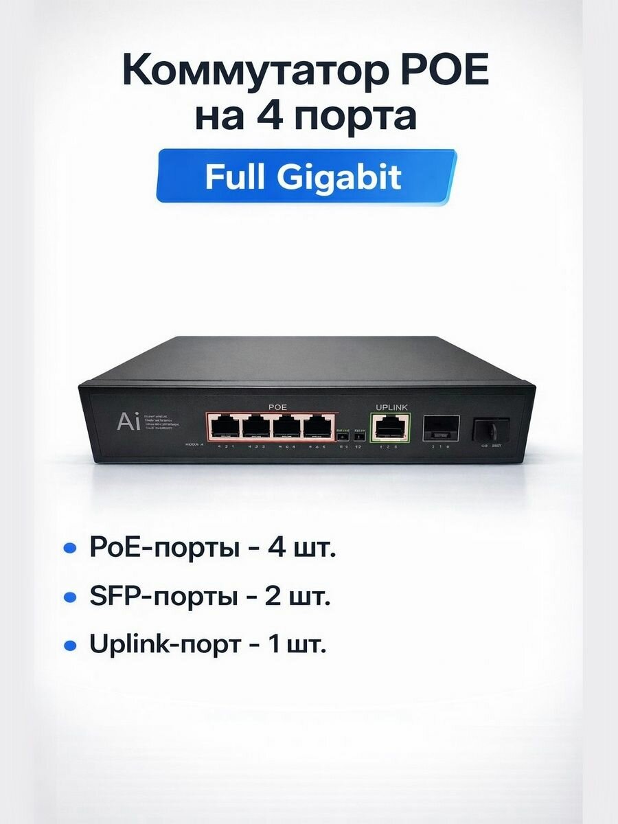 Коммутатор POE 04G12GB на 4 порта Full Gigabit (4+1+2 SFP) - POE RJ45 Порт: 4*10/100/1000 Мб
