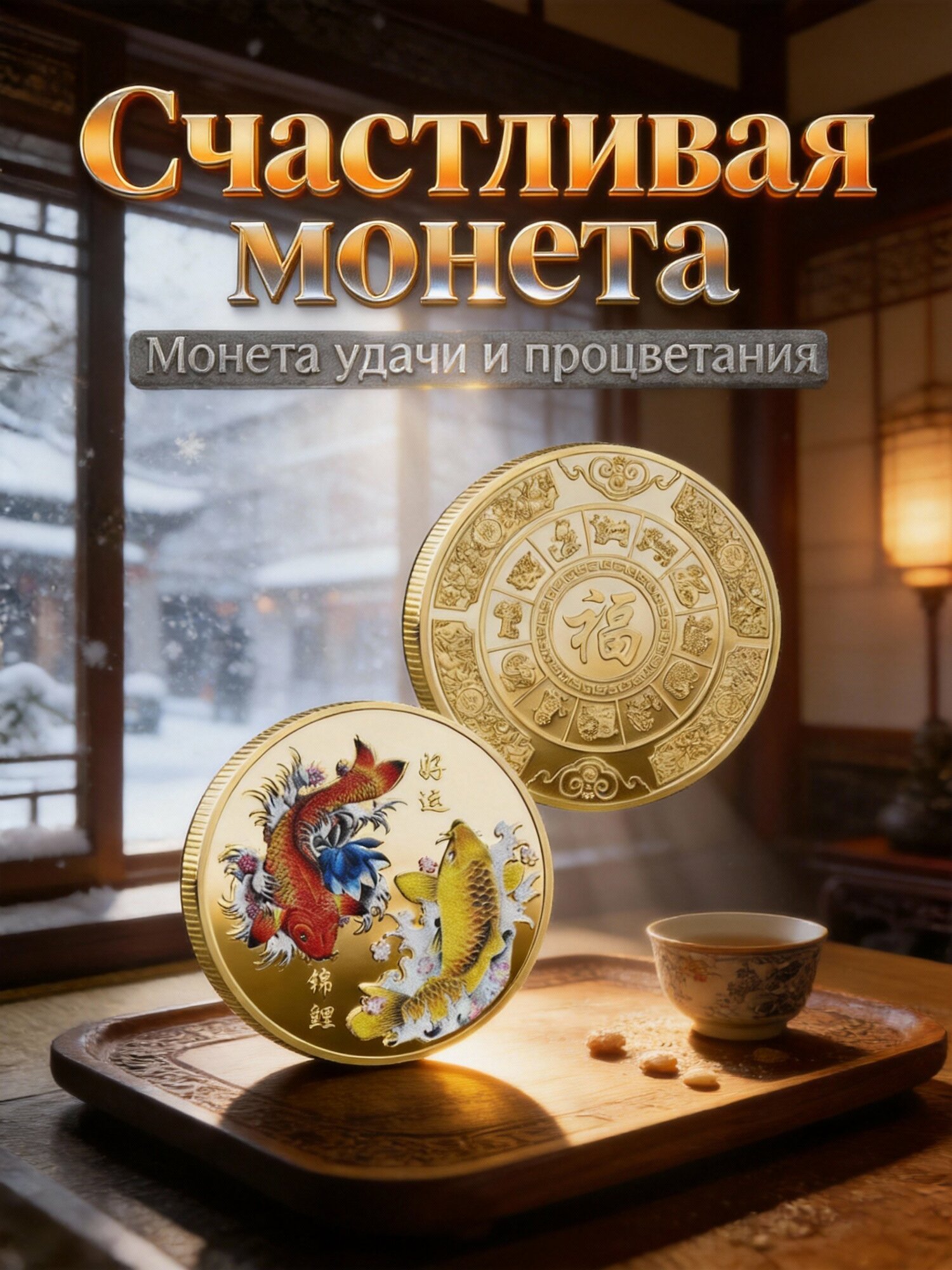 Счастливая монета с изображением рыбы кои, китайский талисман на удачу 40 мм для сувенира и подарка туристам в золотом или цветном исполнении