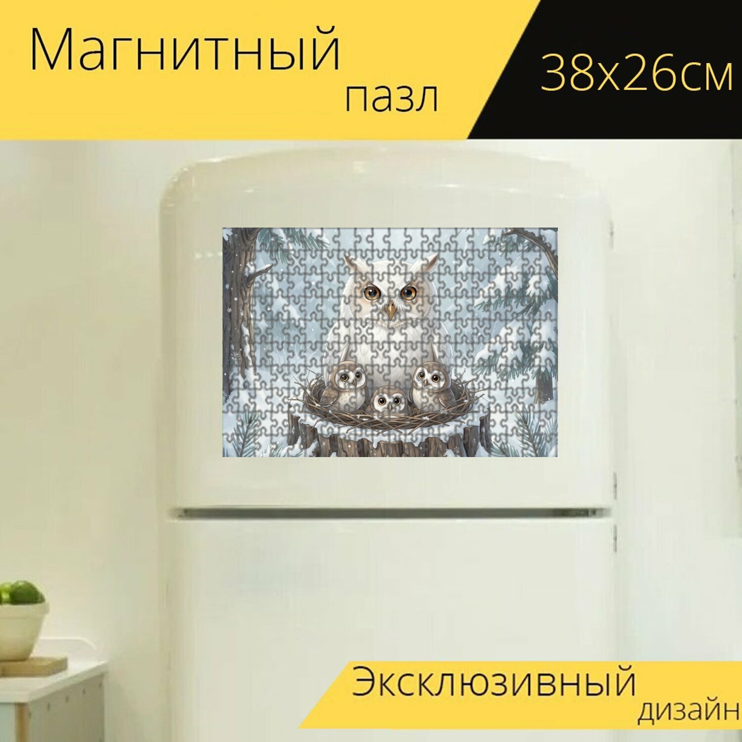 Магнитный пазл "Белая сова с совятами зимой. Снежный лес, филин с птенцами в гнезде на пне, еловые ветви, мягкая акварельная иллюстрация в холодных." для интерьера, 38х26 см.