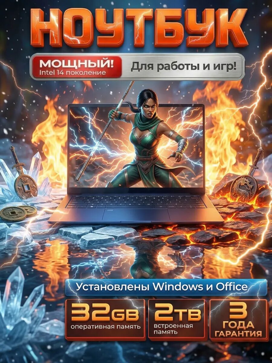Ноутбук игровой 2026 Intel H-series, RAM 32GB, SSD 2048GB, IPS + Windows, Office