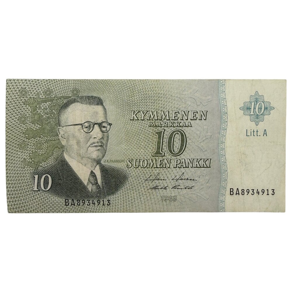 Финляндия 10 марок 1963 г. (Litt. A) (Подпись Harri Holkeri, Markku Puntila) (Серия BA)