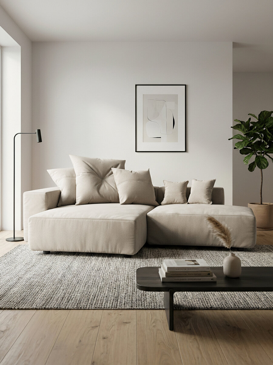 Диван с оттоманкой Санторини Velutto 16 NEW 271x169x62 см, бежевый Велютто, еврокнижка GOODFORM