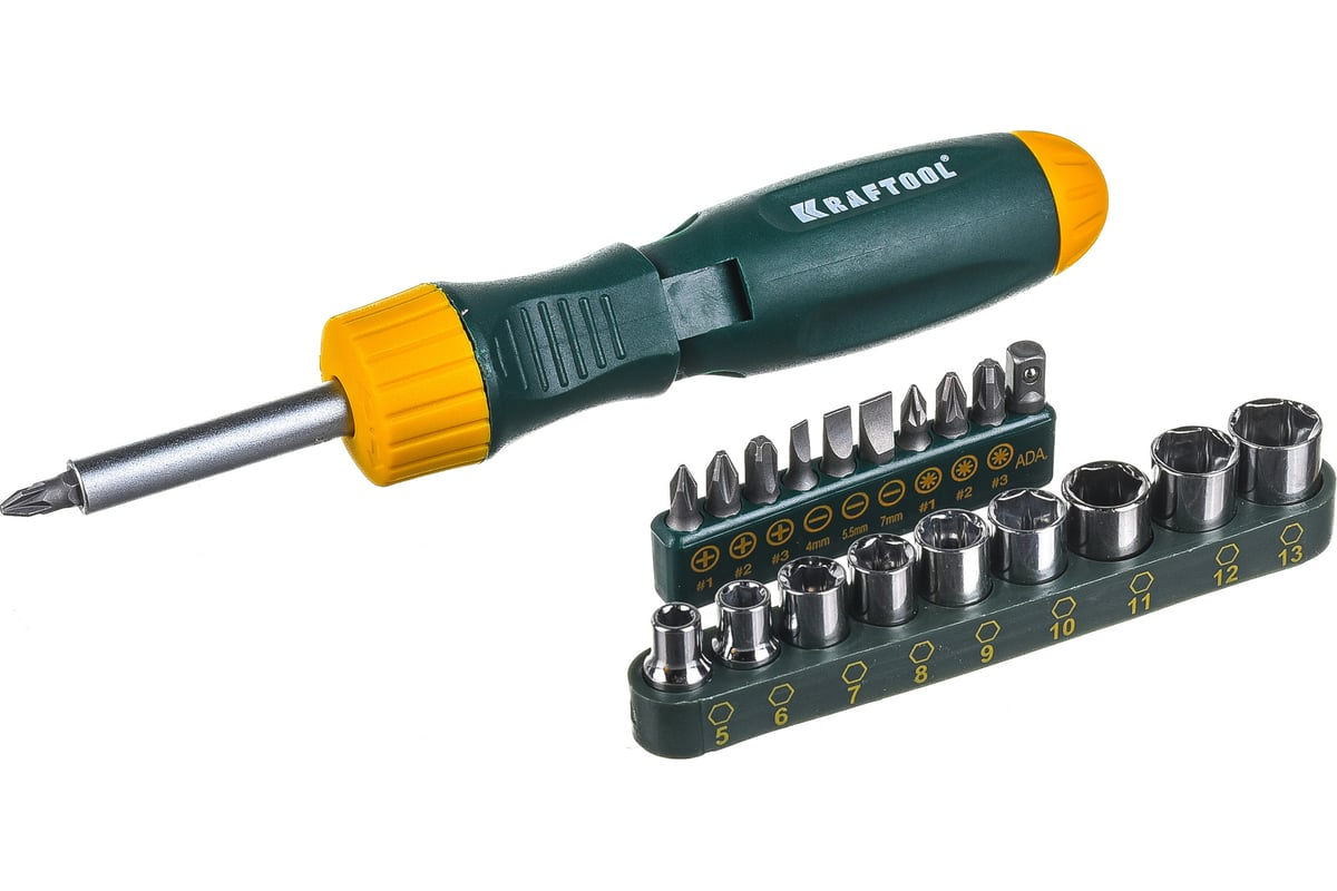 Набор из отвертки BIT-LOCK реверсивно-рычажной с битами и торцовыми головками, KRAFTOOL 26151-H21, 21 предмет