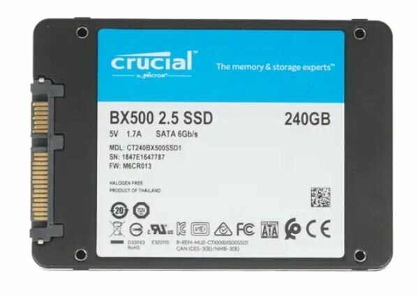 240 ГБ 2.5" SATA накопитель Crucial BX500 (CT240BX500SSD1) - SATA, чтение - 540 Мбайт/сек, запись - 500 Мбайт/сек, 3D NAND