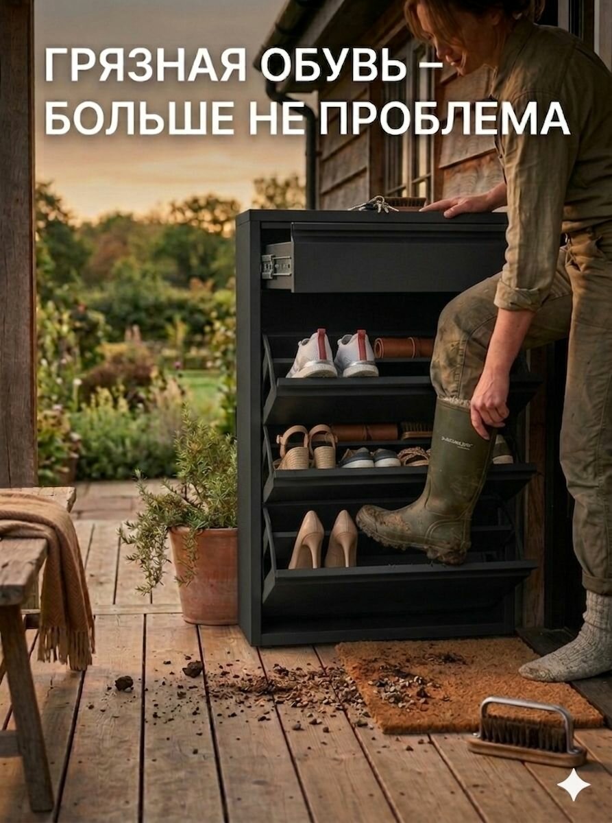 Обувница Металлическая, 3 секции + 1 ящик - Черная