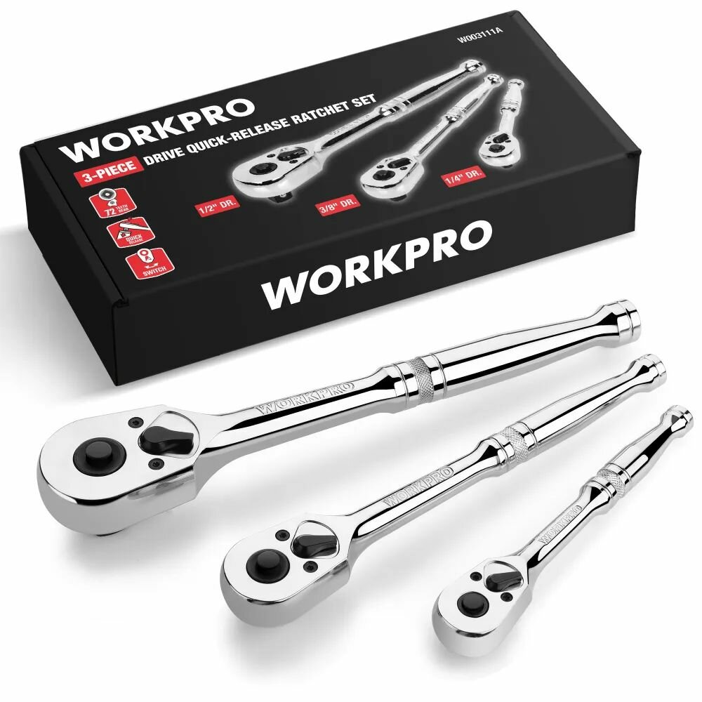 Набор трещоток WORKPRO 3 шт, быстрое освобождение, 1/2", 3/8", 1/4", для автомобиля