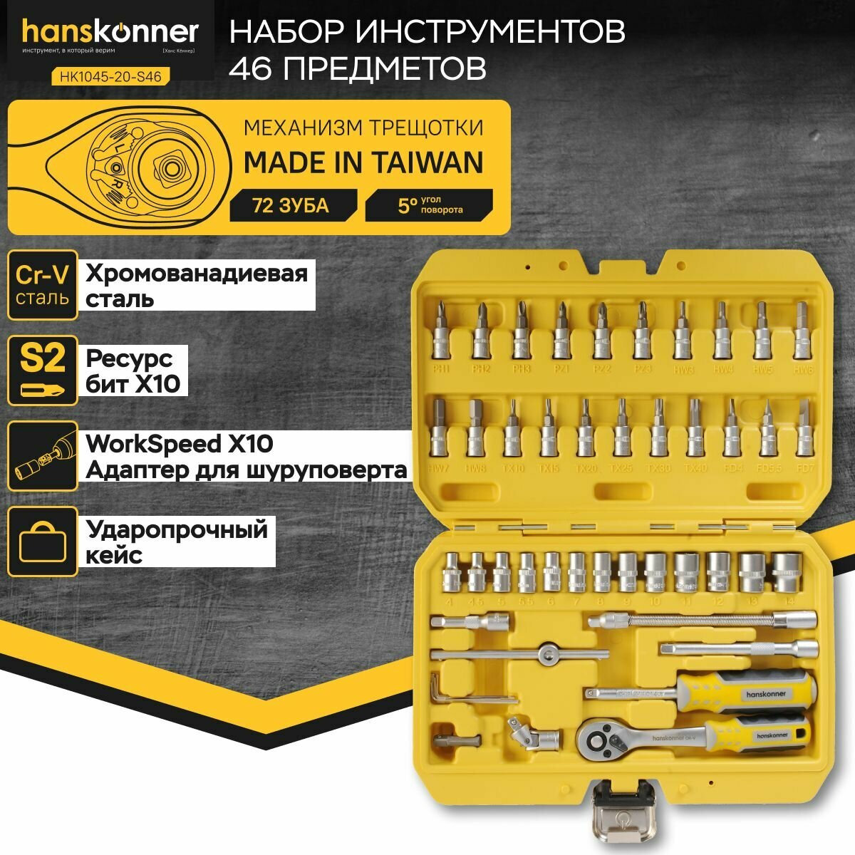 Набор инструментов для автомобиля Hanskonner HK1045-20-S46 универсальный, в кейсе, 46 предметов