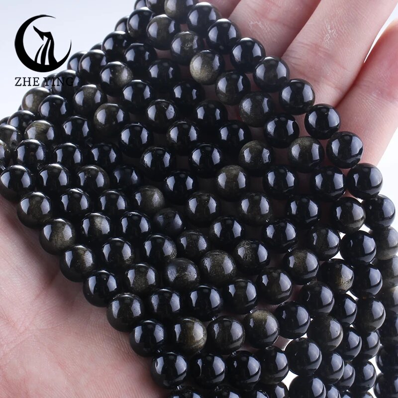 Zhe Ying Черный Турмалин Бусины Круглые 6-10 мм Черный, 8-8.5mm(43-45pcs), 7. Golden obsidian