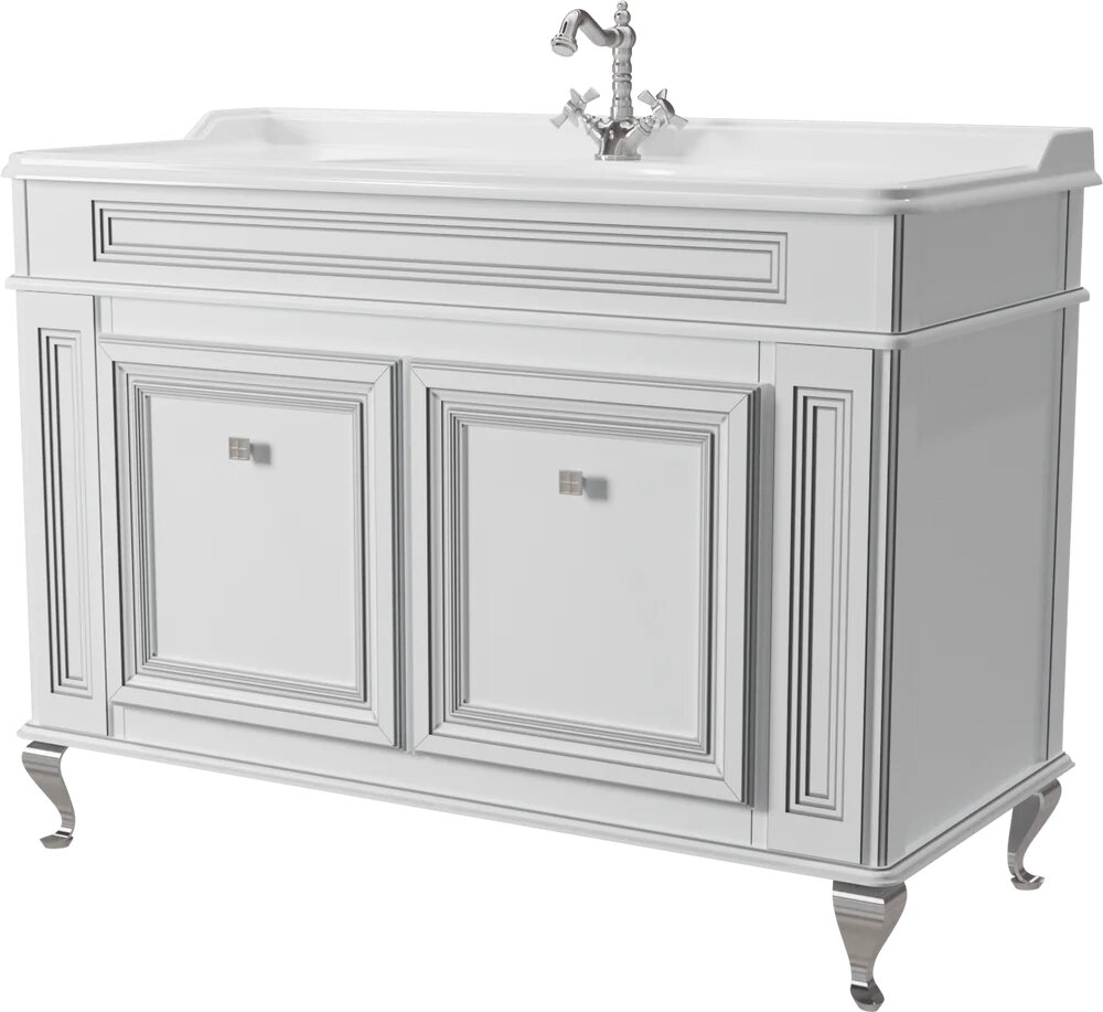 Тумба с раковиной Caprigo Fresco 120 напольная, 122 см, белая, матовая, из МДФ, с дверками, раковина для ванной, фарфоровая, прямоугольная, встроенный слив-перелив
