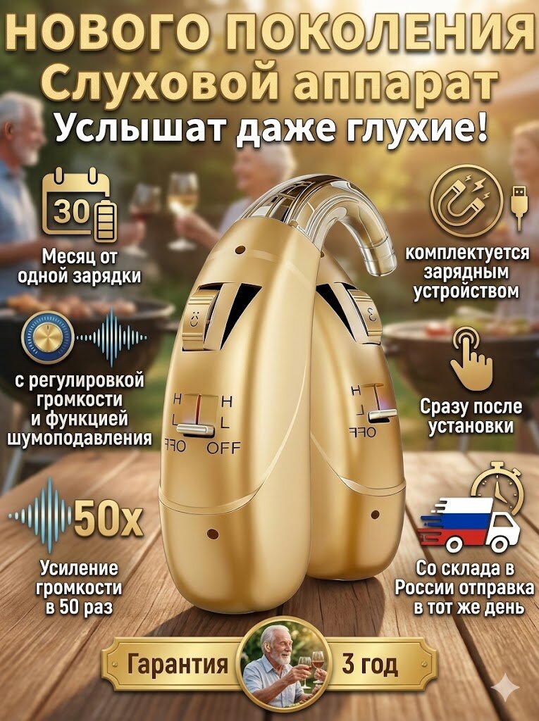 Накладной слуховой прибор с зарядным устройством для пожилых и взрослых