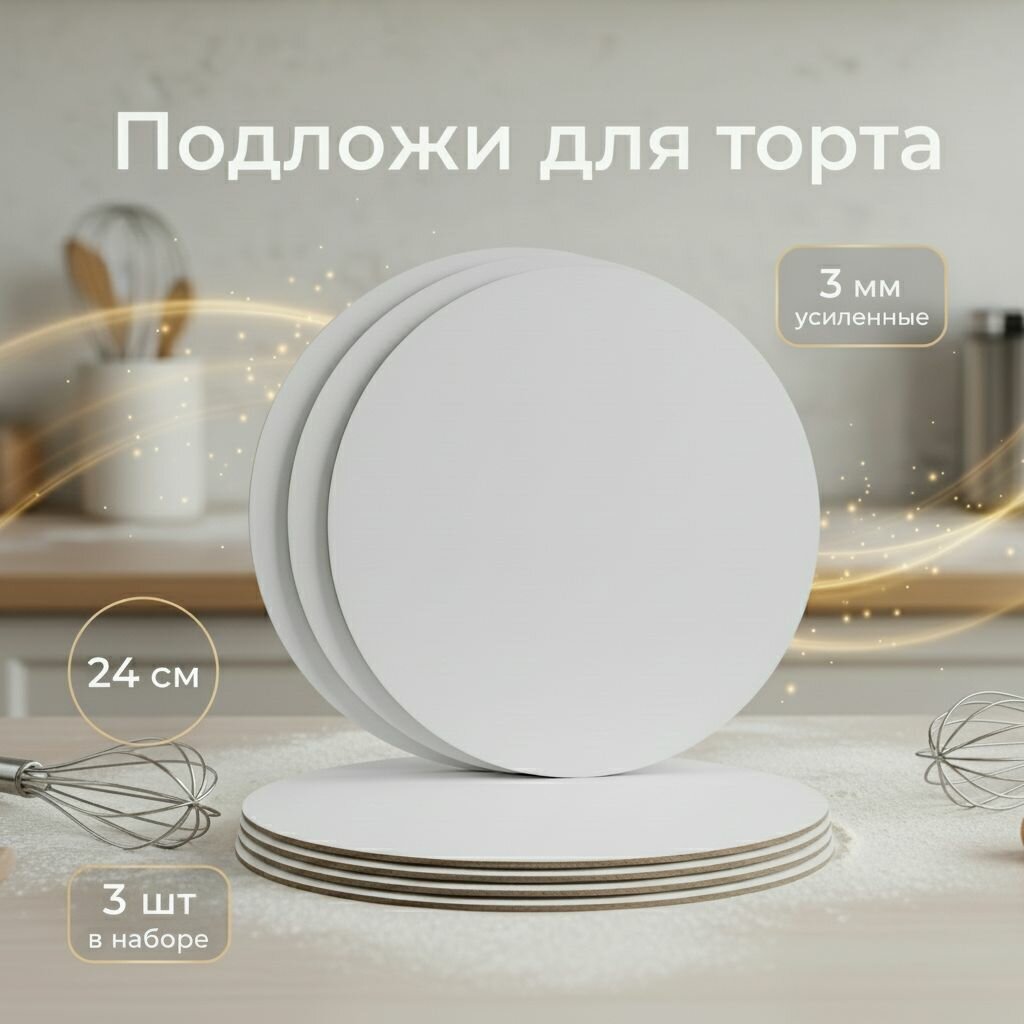 Подложки для торта усиленные 24 см, 3 мм 3 шт, круглая подставка для торта, подложка кондитерская