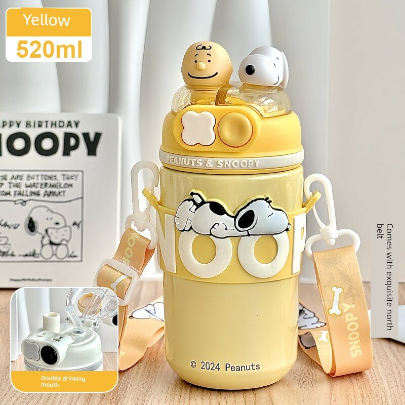 Желтый термос Snoopy для детей с трубочкой, из нержавеющей стали 316, 520 мл, идеален для школьников и поездок