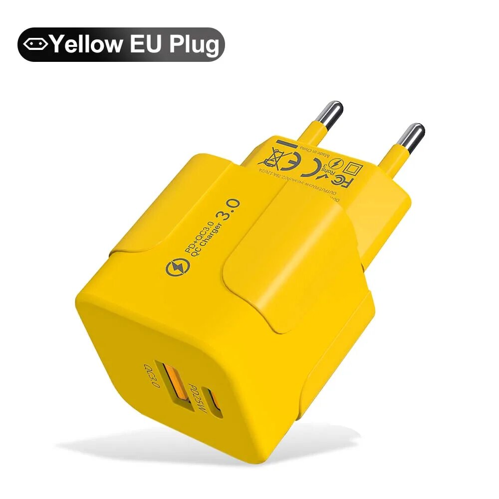Желтый адаптер зарядки USB PD 25W EU, Plug Type: Bk317 EU yellow