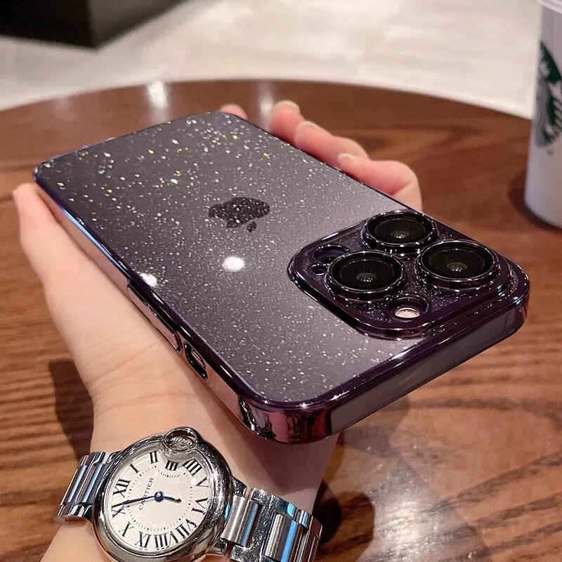 Чехол для iPhone 14 с темно-фиолетовым галактическим блеском, встроенным защитным покрытием для объектива, без