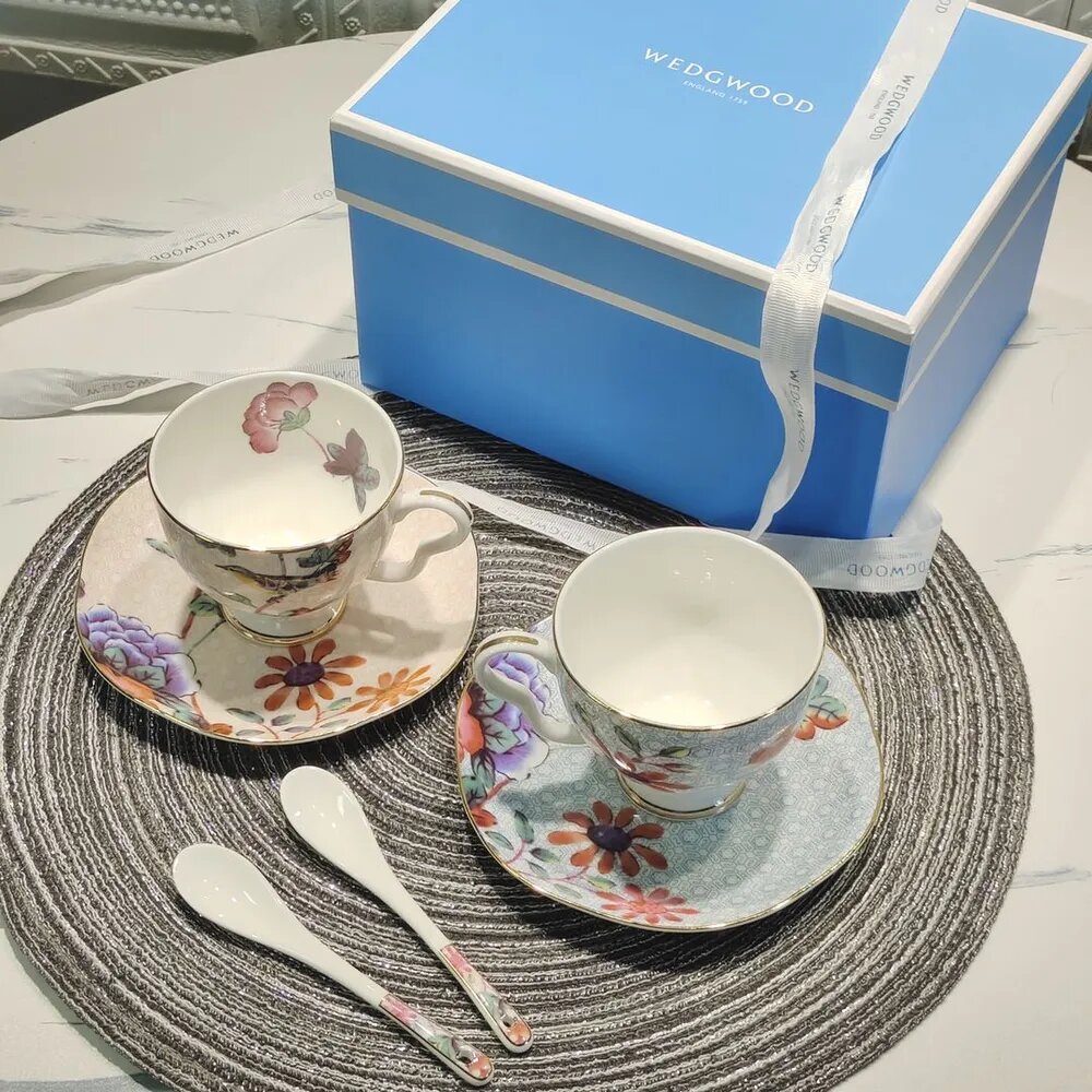 Wedgwood чашки кофейные 4 шт 200 мл птицы из костяного фарфора с ложками — фото 1
