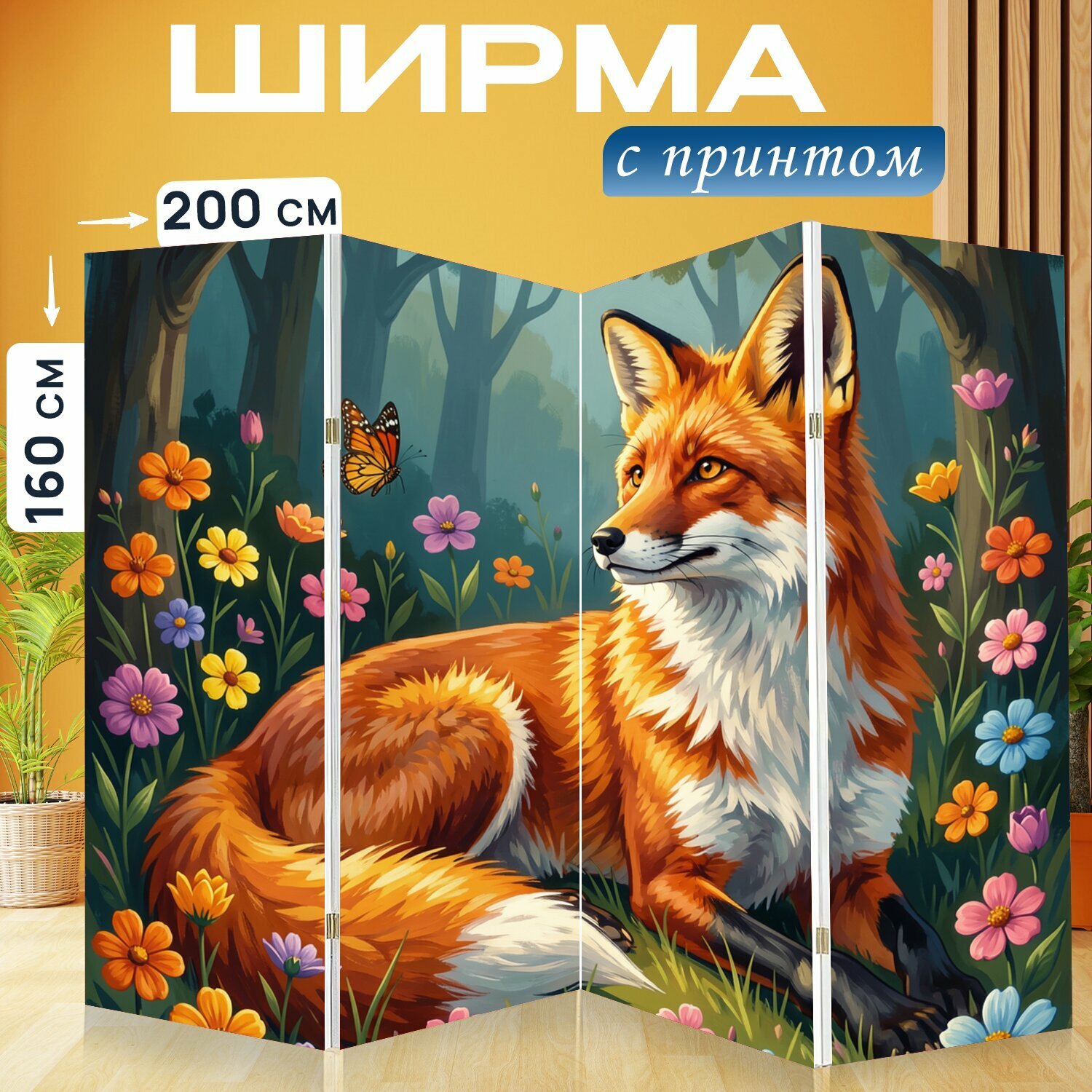 Ширма "Лиса в цветущем лесу. Рыжая лисица среди ярких полевых цветов в туманном лесу, рядом бабочка." перегородка для зонирования комнаты с принтом 200x160 см. на холсте