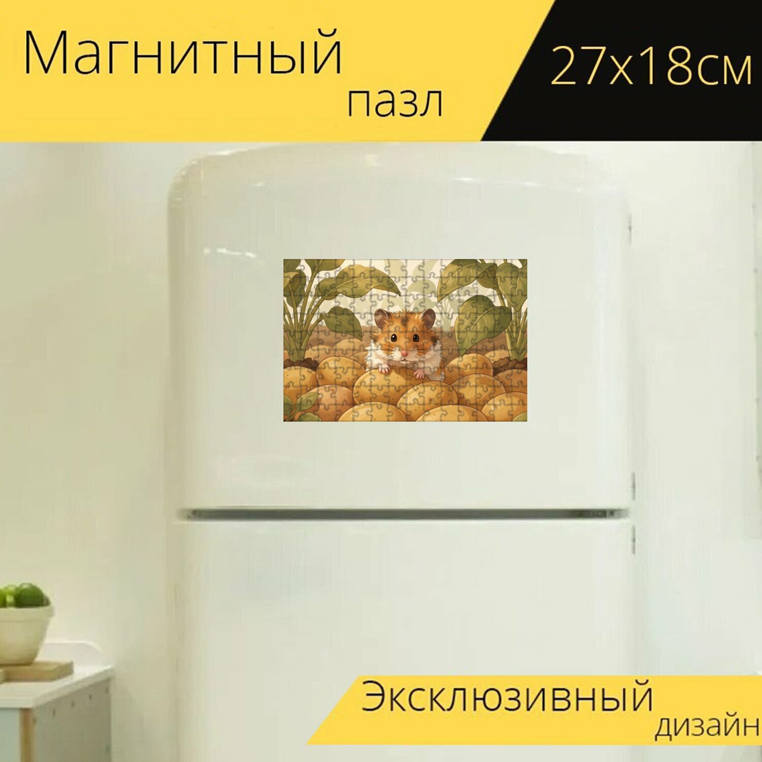 Магнитный пазл "Хомяк среди картофеля и листьев. Милый зверёк выглядывает из-под клубней на фоне крупных зелёных листьев, тёплая пастельная иллюстрация в." на холодильник 27 x 18 см.