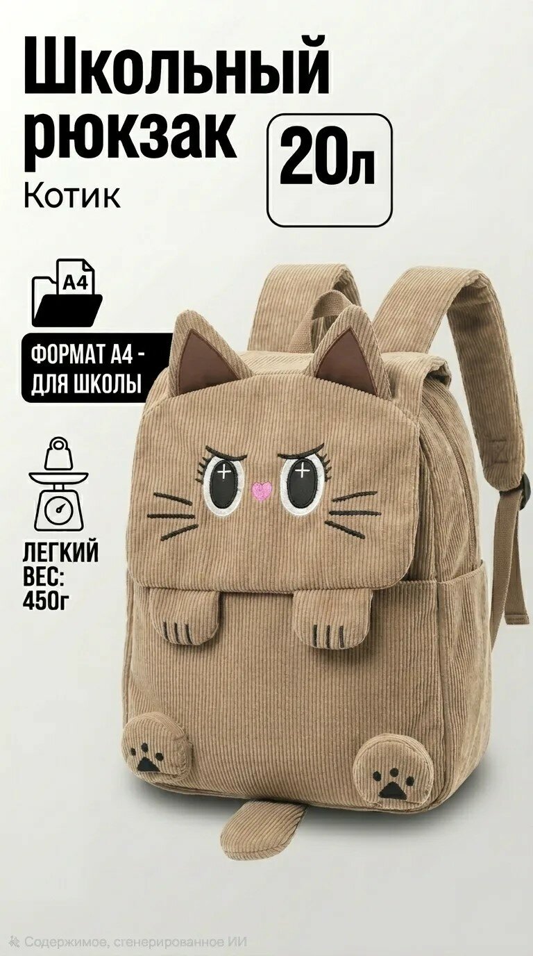 Рюкзак школьный для подростков вельветовый Котик