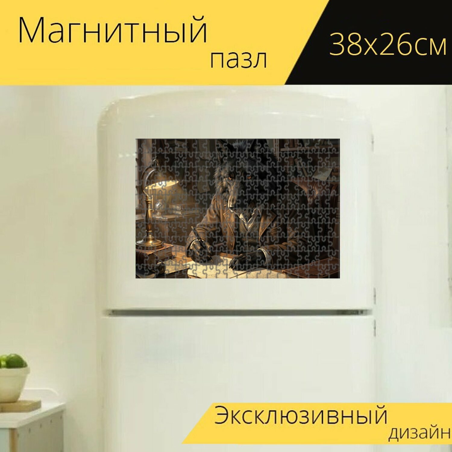 Магнитный пазл "Волк-писатель за рабочим столом. Атмосферная фэнтези-иллюстрация: антропоморфный хищник в тёплом кабинете пишет пером среди книг, лампы и." для интерьера, 38х26 см.