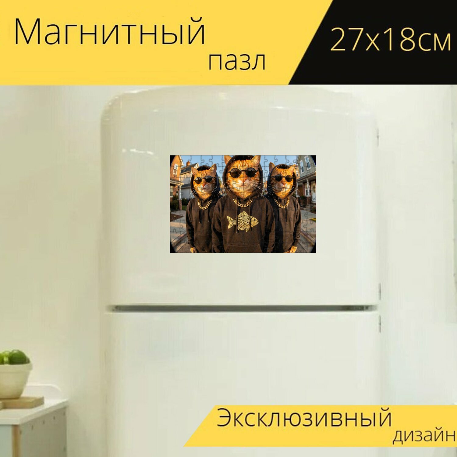Магнитный пазл "Три кота в худи и очках. Три рыжих кота в черных капюшонах, круглых темных очках и золотых цепях на фоне жилой улицы. Стильный поп-арт." на холодильник 27 x 18 см.