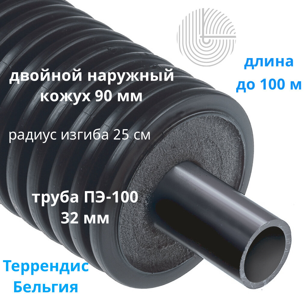 C9032 7,4 м утепленная труба для холодного водоснабжения / канализации. Кожух 90 мм, труба 32x2,9 мм, пр-во Бельгия