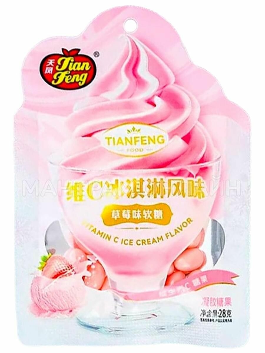 Жевательные конфеты Jian Feng Tianfeng Vitamin C Ice Cream Flavor в глазури вкус клубничное мороженое 28 г
