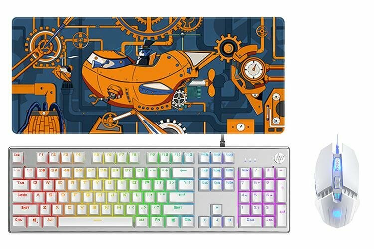 Игровой комплект унисекс HP HUIPU K500F проводной, [Three-Piece Set]White Keyboard+Mouse+Extra Large Gaming Mouse Pad
