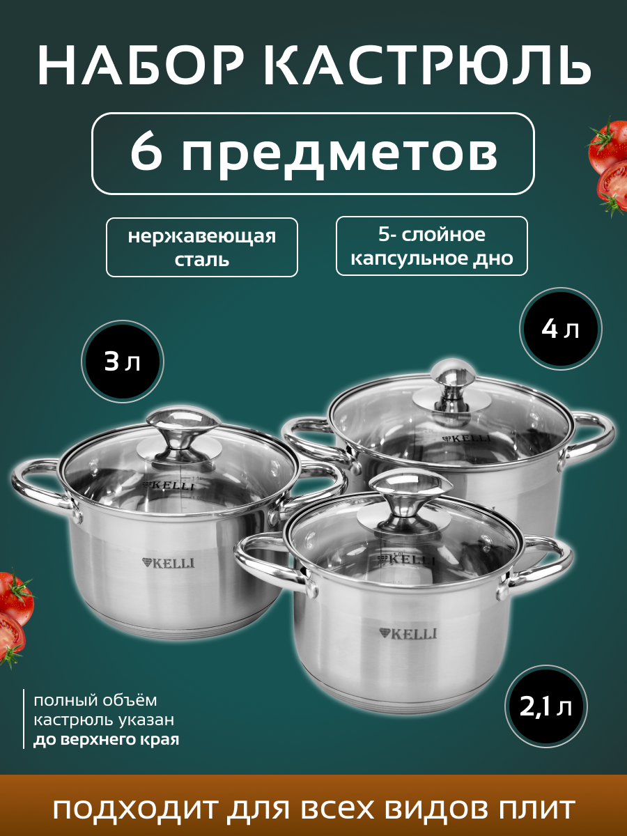 Набор кастрюль KELLI, нержавеющая сталь, капсульное дно, 2.1/3/4 л 3 шт