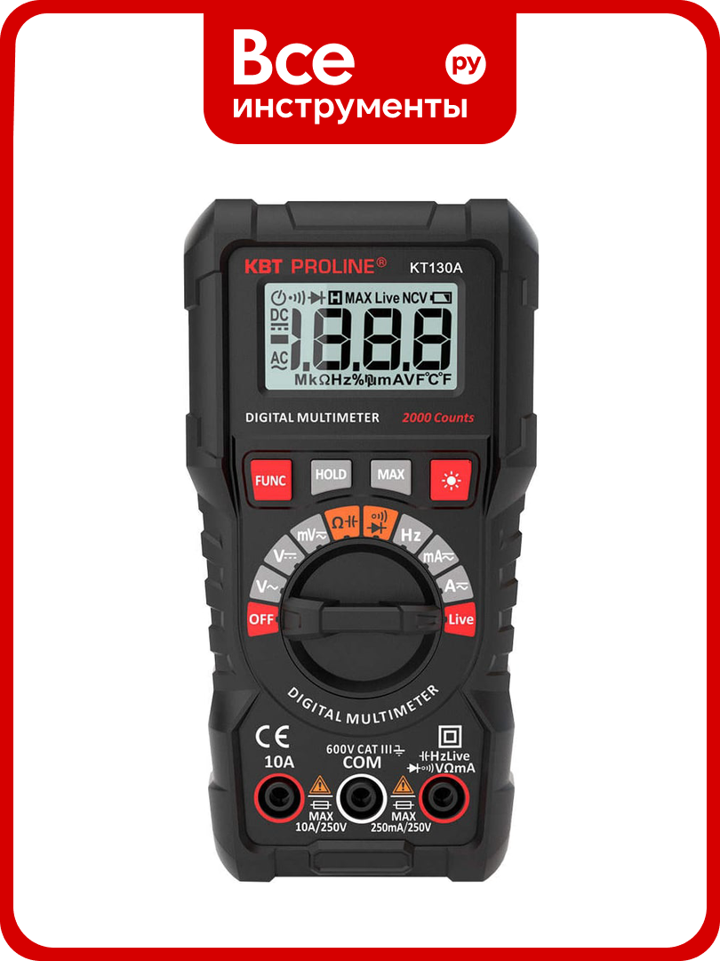 Цифровой мультиметр КВТ KT 130A PROLINE 88549 с функцией True RMS, автоматическим выбором диапазонов, подсветкой дисплея