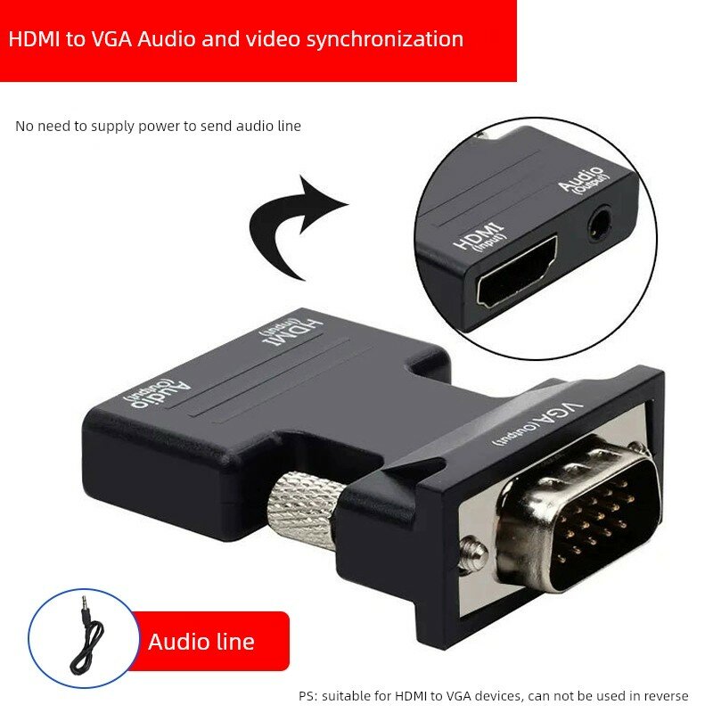 Черный адаптер HDMI в VGA, кабель 0.5 м, прочный для подключения ноутбука и телевизора, четкий аудио-видео