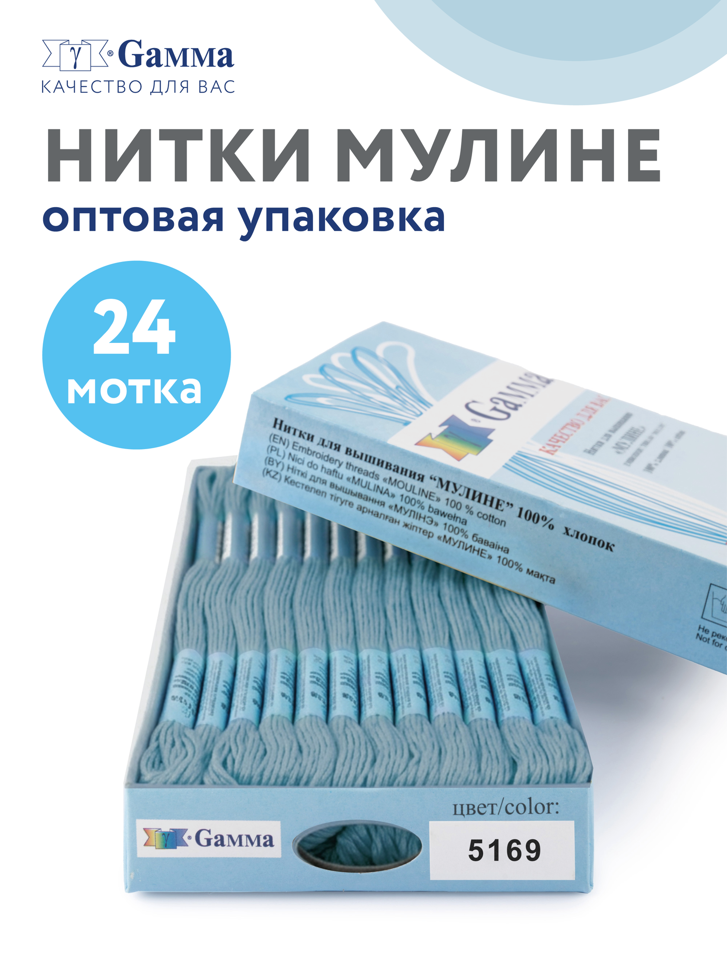 Набор ниток мулине Гамма 24 шт 8 м оптом для вышивания №5169 серо-голубой