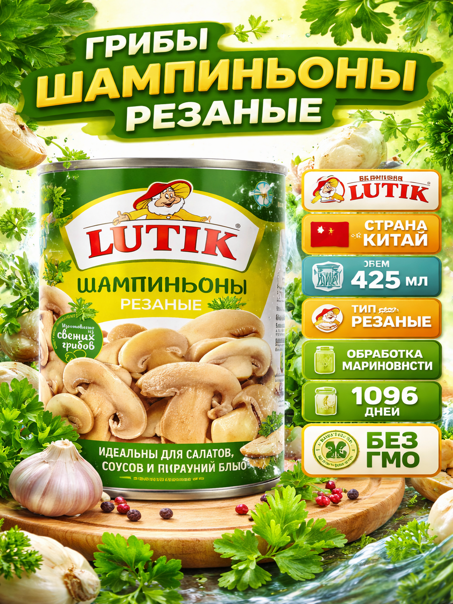 Грибы шампиньоны Lutik резаные, 425мл