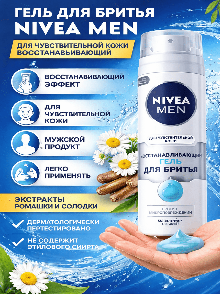 Гель для бритья Nivea Men для чувствительной кожи восстанавливающий, 200мл