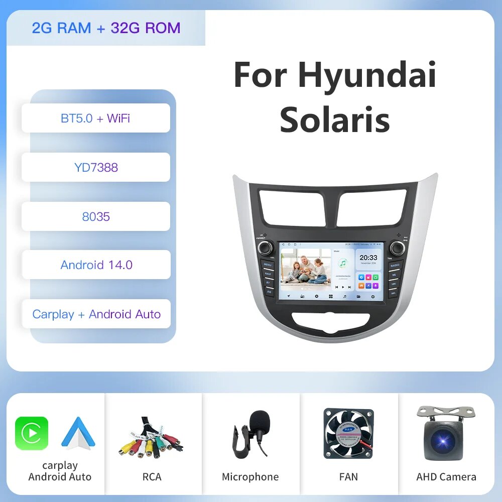 Мультимедийная магнитола Kapud на Android 12 для Hyundai Solaris, Accent 2010-2016, CarPlay, GPS, BT