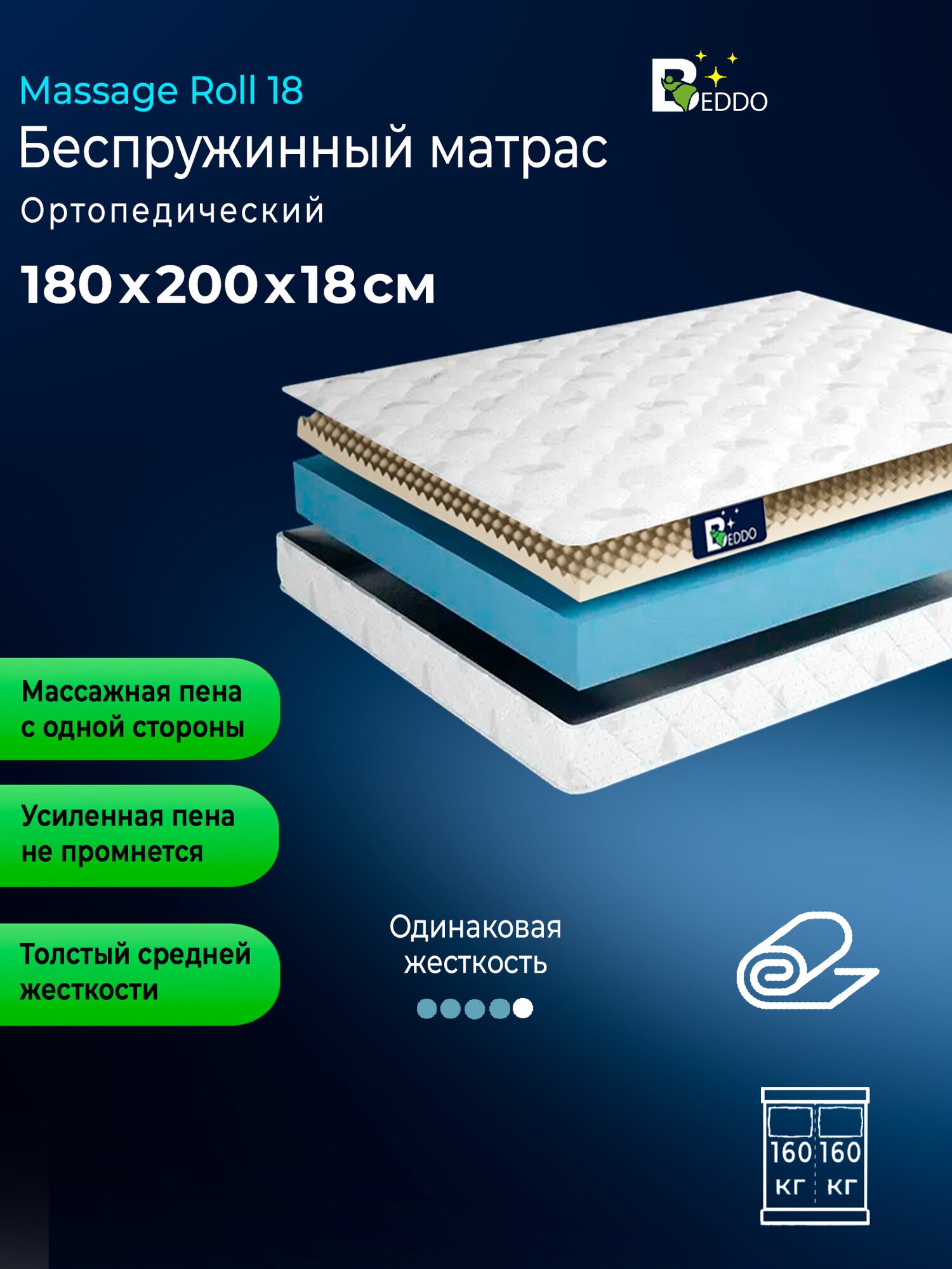 Матрас 180х200 беспружинный жесткий, ортопедический, массажный