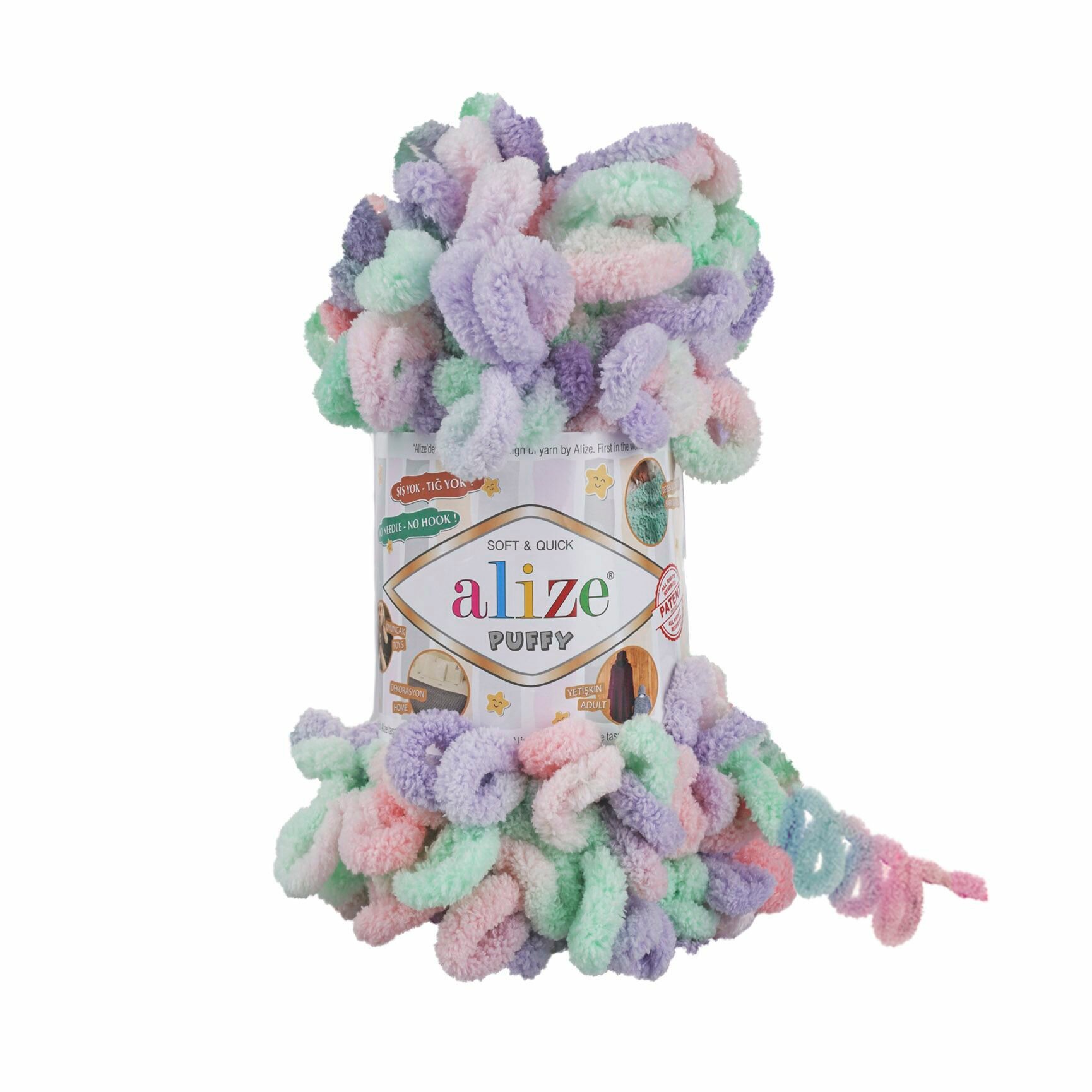 Пряжа для вязания Puffy Color Alize 3 мотка (9 м, 100 гр), цвет 5938 сирень-розовый-мята