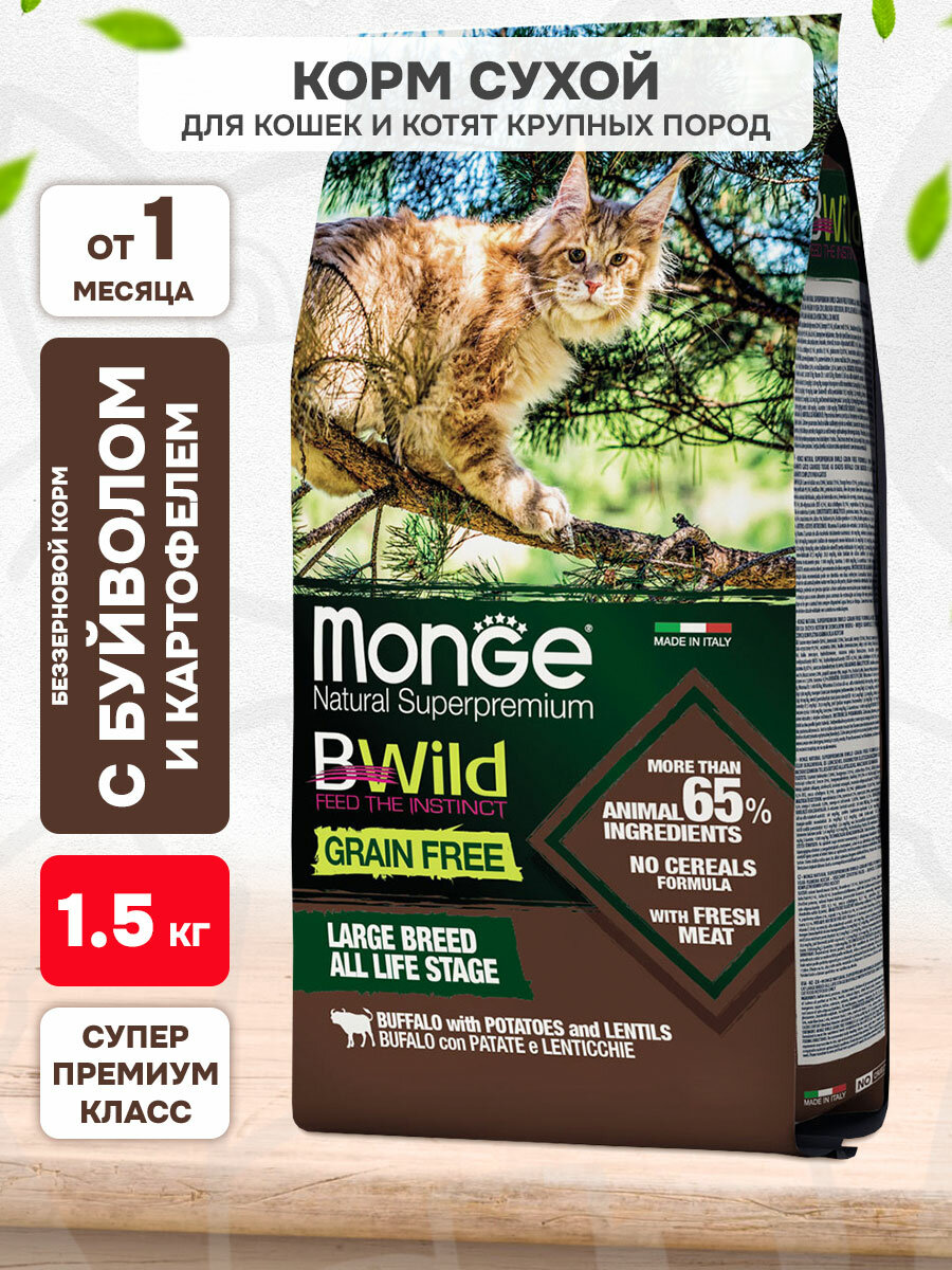 Корм сухой Monge Bwild Grain Free Cat Large Breed Buffalo беззерновой для кошек и котят крупных пород, буйвол, картофель, 1,5 кг
