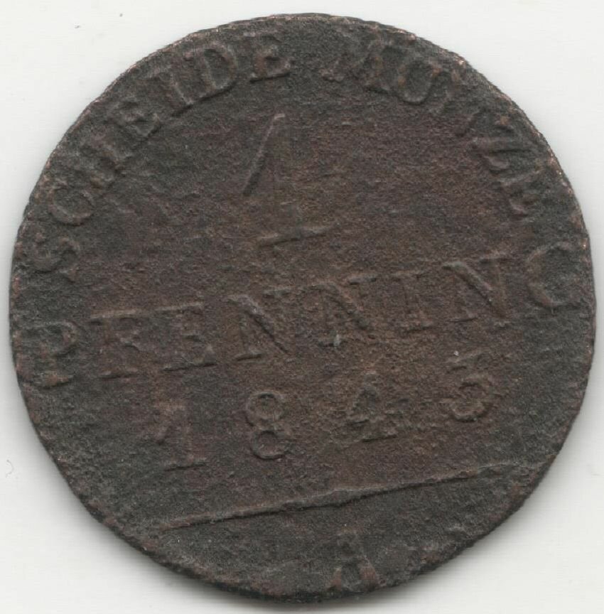 1843A Монета Германия (Пруссия) 1843 год 1 пфеннинг / 1/360 талера Медь F