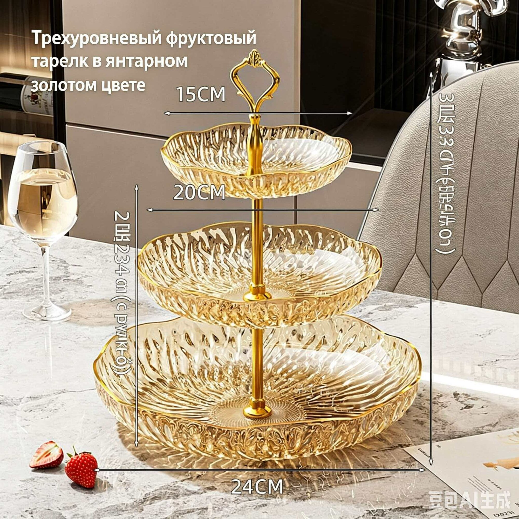 Трехуровневая фруктовница, янтарно-золотой цвет, для десертов и фруктов34 см, 1 шт