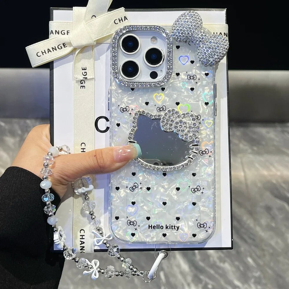 MINISO 3D Милый мультяшный чехол для телефона Sanrio Y2K Hello Kitty с блестками и зеркальцем, совместимый с iPhone 16/15/14/13/12/11 Pro Max, жесткий чехол, Материал: Для iPhone 15 Pro Max