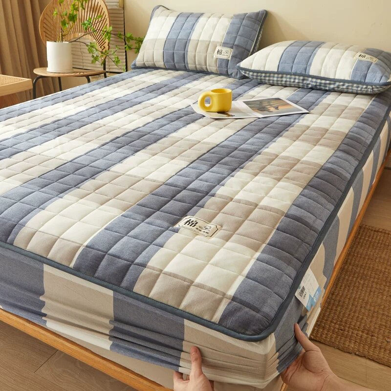 Чехол для матраса из 100% хлопка, синий крупный клетчатый, 90x200 см, 2-комплект (чехол + чехол на подушку)