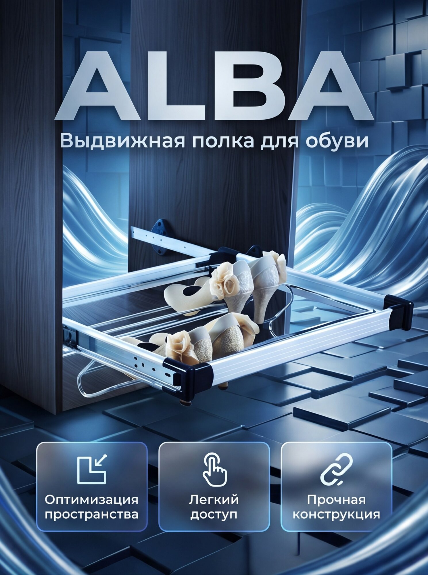 Выдвижная полка для обуви ALBA, 564х475х152 мм, хром матовый, для шкафа 600