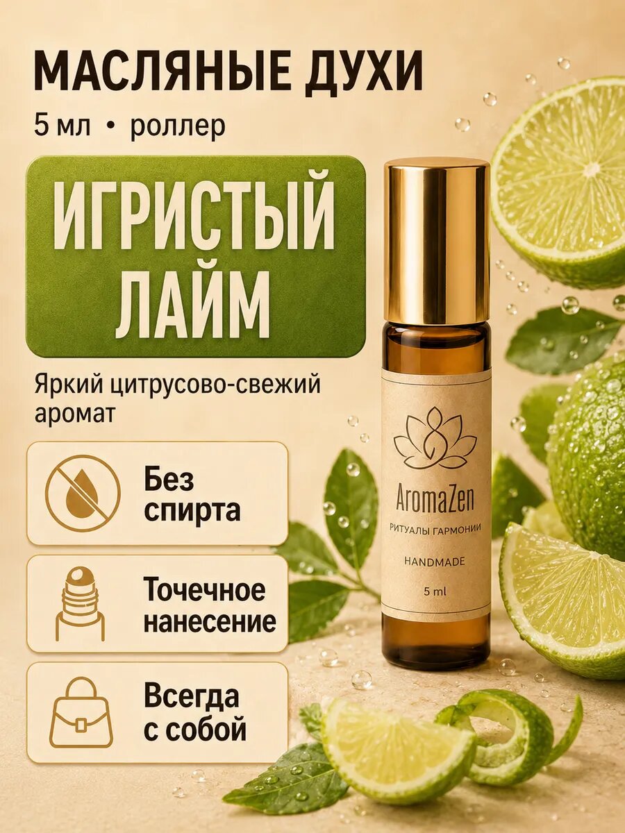 Масляные духи роллер "Игристый лайм", женские, без спирта, шариковые, 5 мл