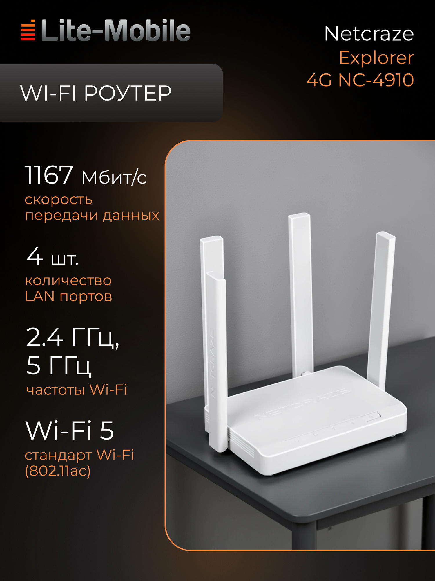 Wi-Fi роутер Netcraze Explorer 4G NC-4910, двухдиапазонный, Mesh, белый