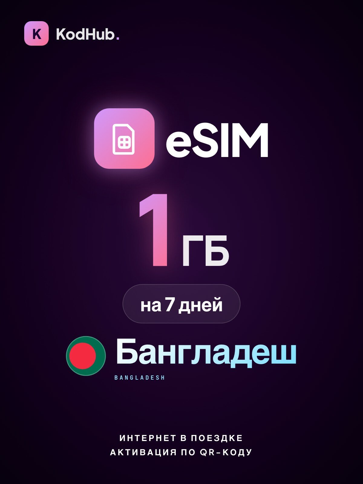 Туристическая eSIM Бангладеш 1 ГБ на 7 дней | интернет в поездке, связь за границей | QR-код активации