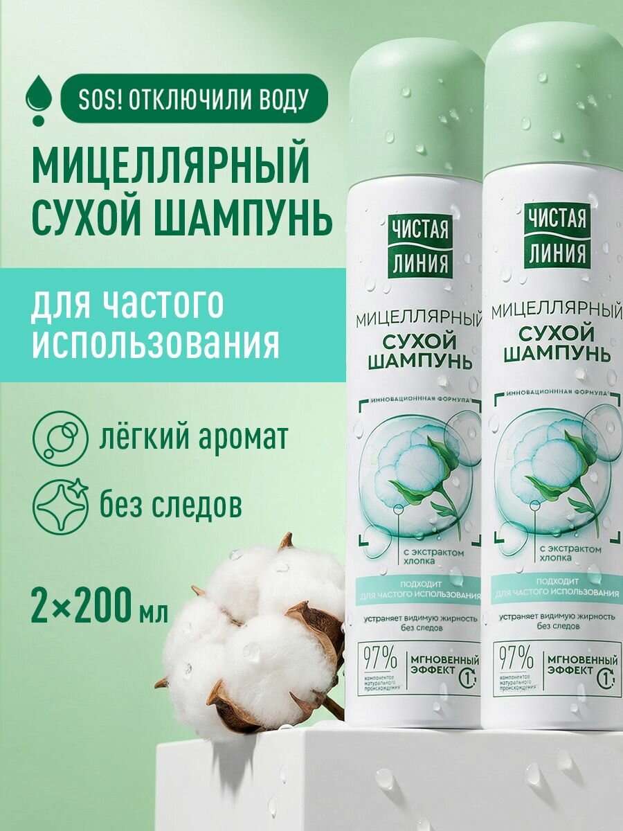 Чистая Линия Сухой шампунь для волос с экстрактом хлопка мицеллярный, мгновенный эффект, 200 мл 2 шт