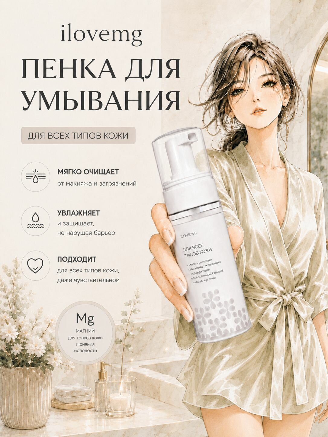 ILOVE Мg, Нежная очищающая пенка для умывания с натуральными экстрактами 150 мл