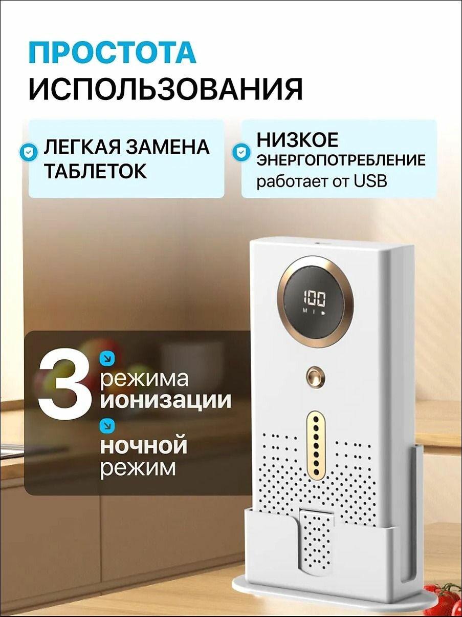 Ионизатор-очиститель воздуха с 3 режимами, USB-зарядка, вес 300 г