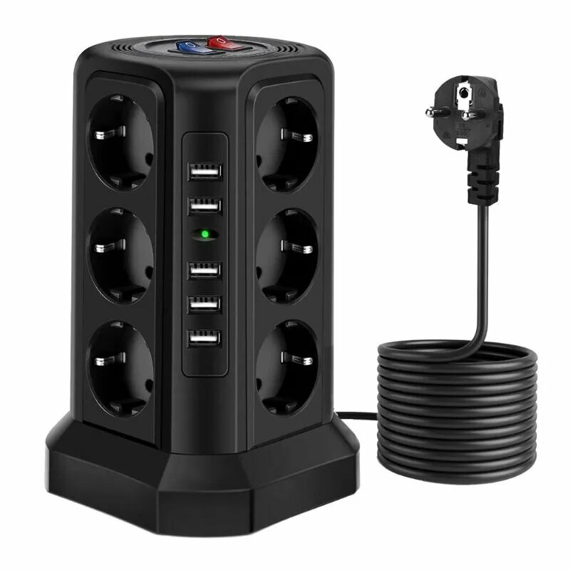 Удлинитель Куб с USB портами и выключателем на корпусе, световая индикация, 12 розеток, черный