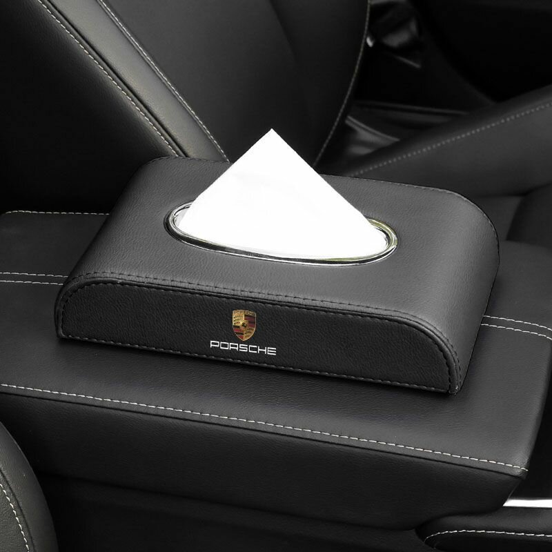 Автомобильный держатель для салфеток Porsche - Черный кожаный с металлическим кольцом и цветной этикеткой для моделей
